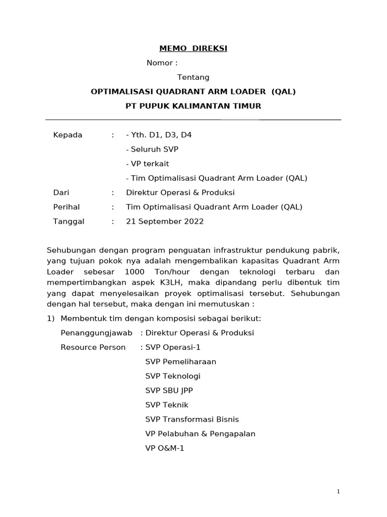 Draft Memo Direksi Optimalisasi - Qal - Revisi1 | PDF