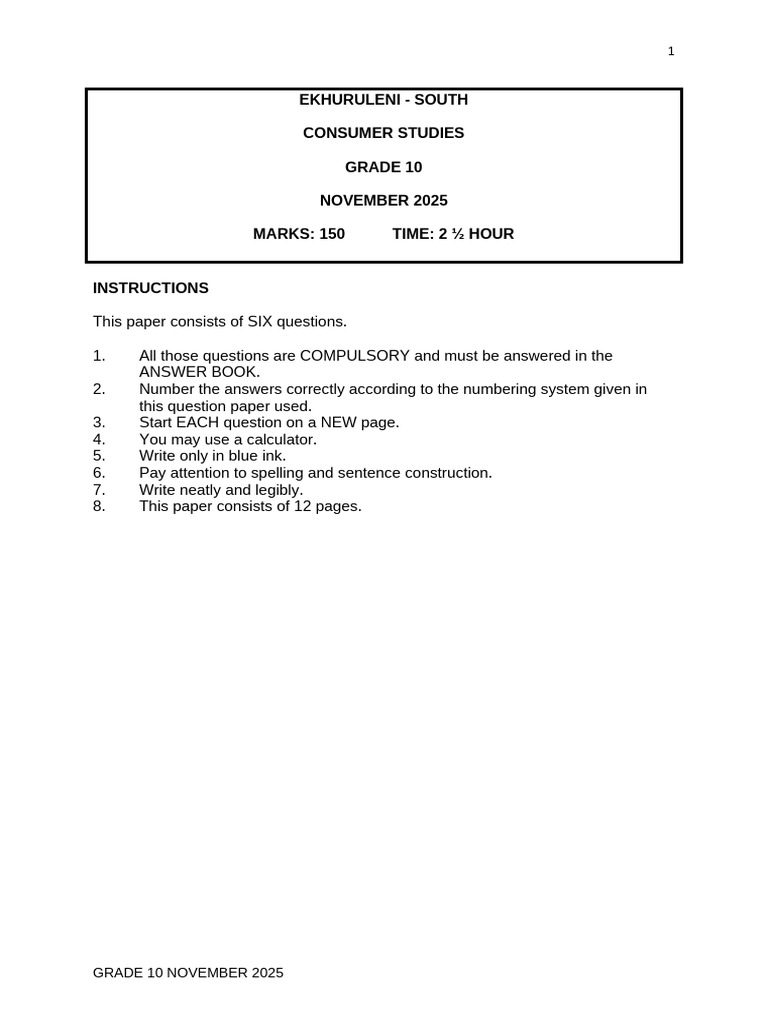 Grade 10 Consumer Studies Exam 2025 | PDF | Foods | Vitamin