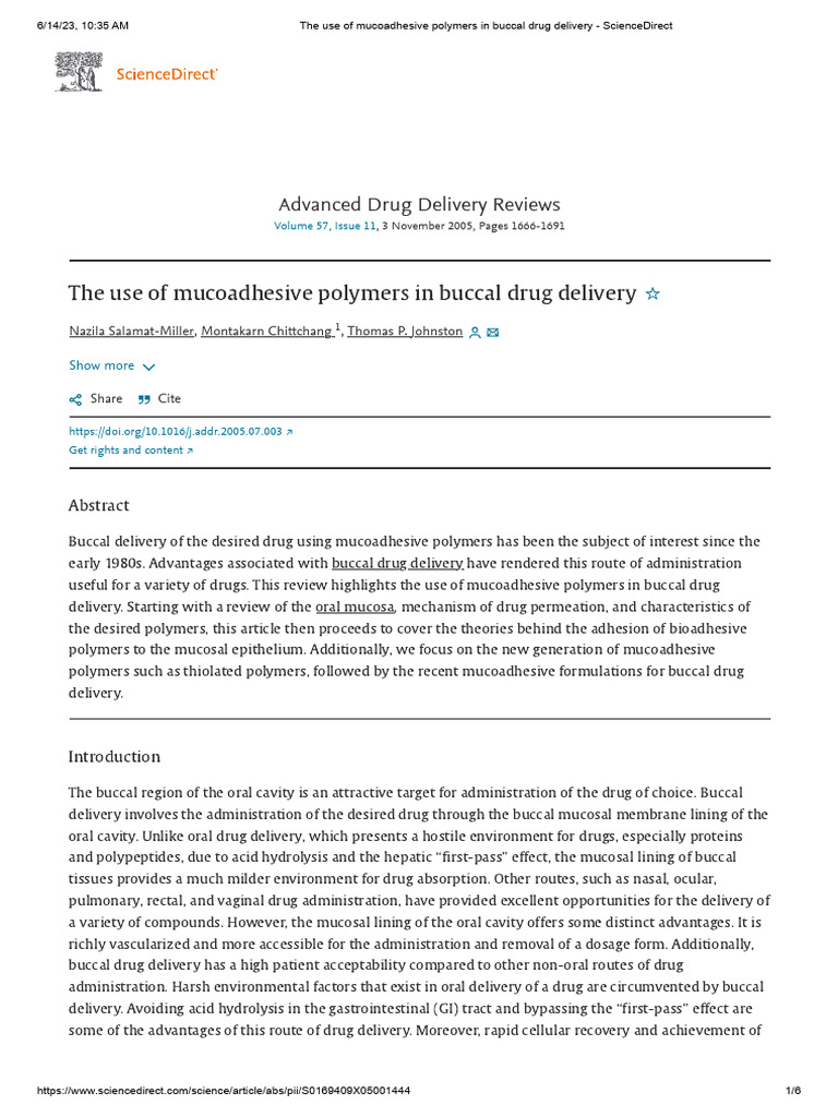 Mucoadhesive Polymers in Buccal Delivery | PDF | Pharmaceutical ...