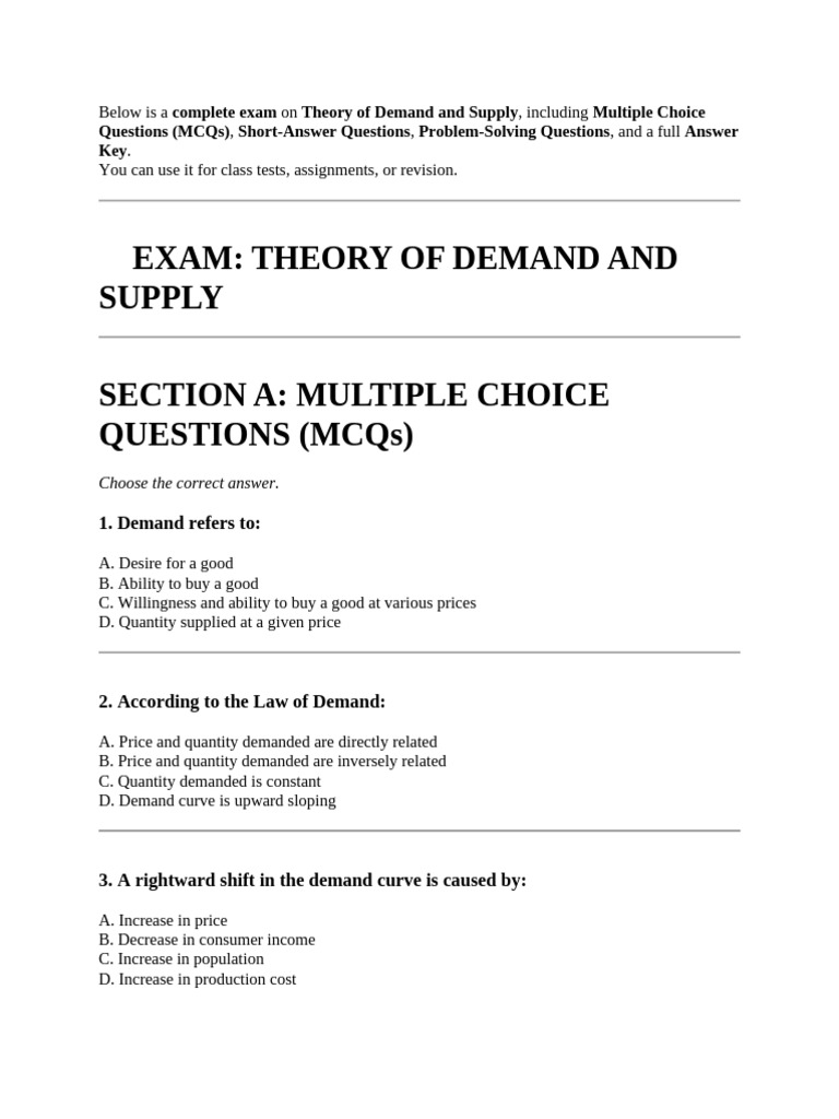 Demand and Supply Exam with Answers | PDF | Price Elasticity Of Demand ...
