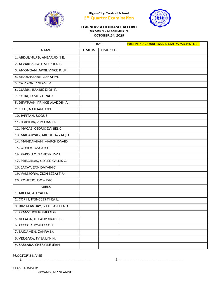 2nd Quarter Exam Attendance Sheet | PDF