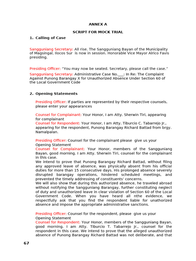 Edited Annex A. - Script For Mock Trial | PDF | Witness | Oath