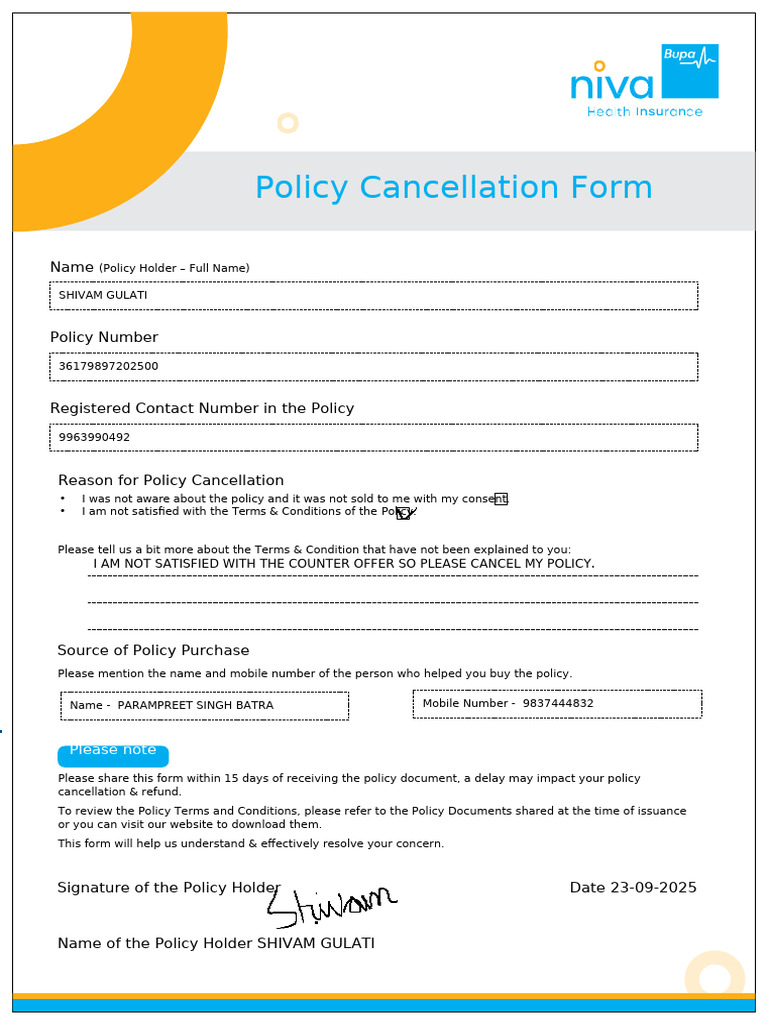 Policy Cancellation Request Form | PDF