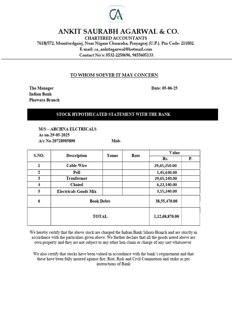 Ms Archna Elctricals Stock Statement | PDF