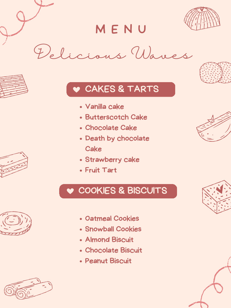 Pink Pastel Doodle Cake Cafe Menu A4 | PDF