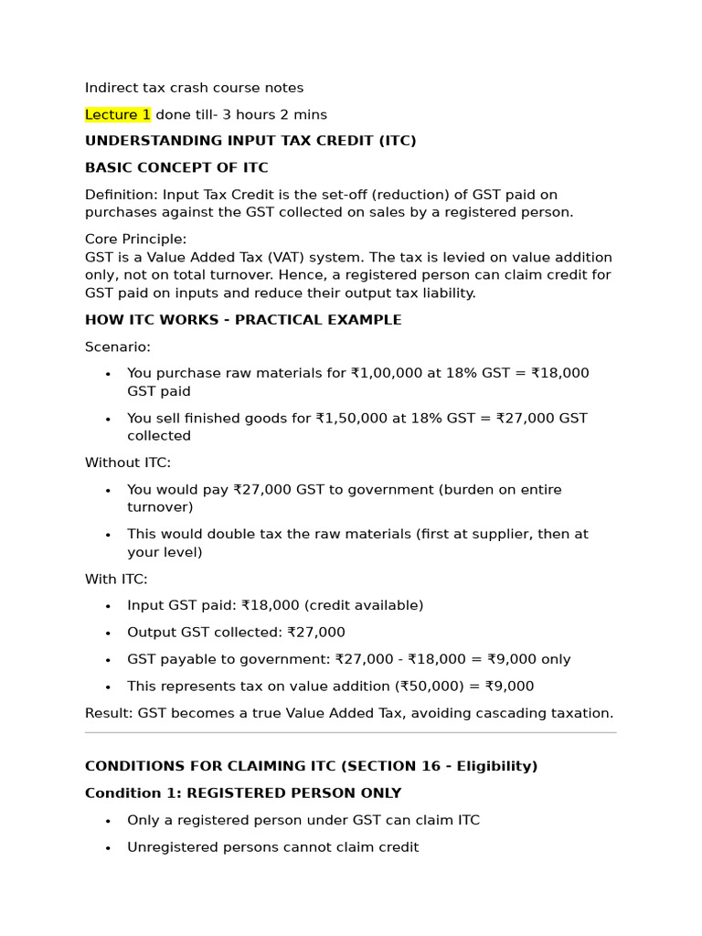 Indirect Tax Crash Course Notes | PDF | Value Added Tax | Taxes