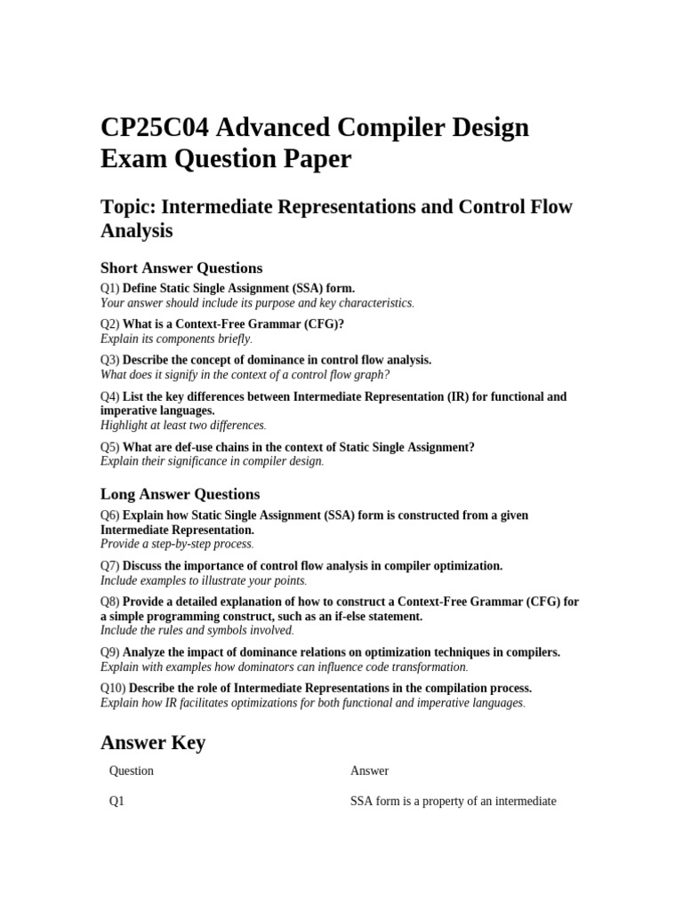 Quiz Worksheet Generator-Advanced Compiler Design - Intermediate Representations and Control ...