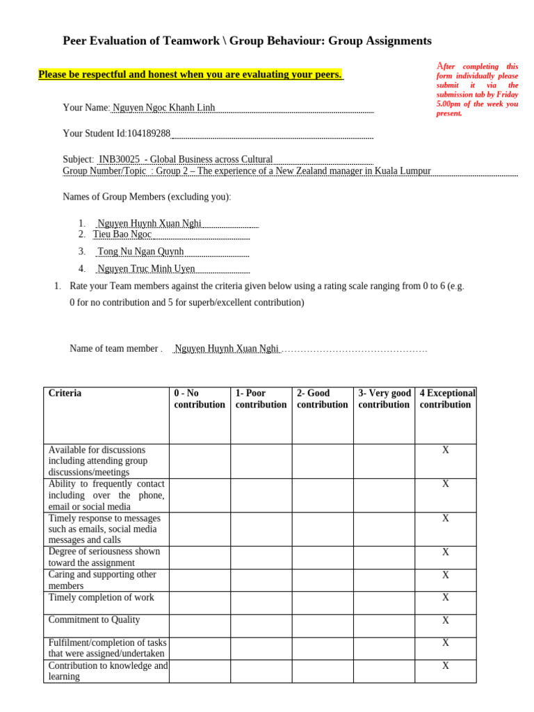 Peer Rating of TeamWork-Group Assignment-2 | PDF | Behavioural Sciences ...