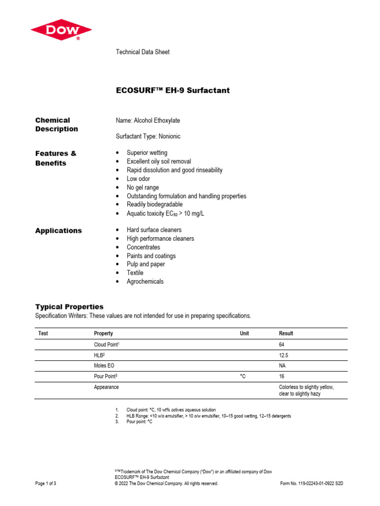 119 02243 01 Ecosurf Eh9 Surfactant Tds | PDF | Surfactant | Dow ...