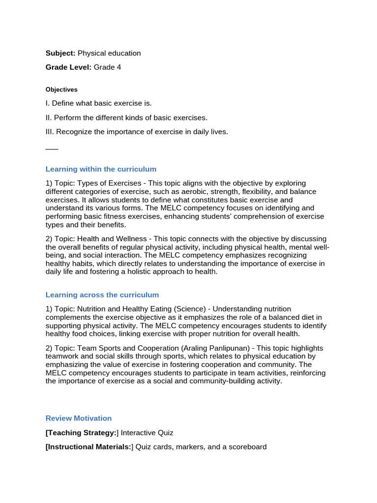 Lesson Plan Physical Education Pdf Physical Fitness Physical