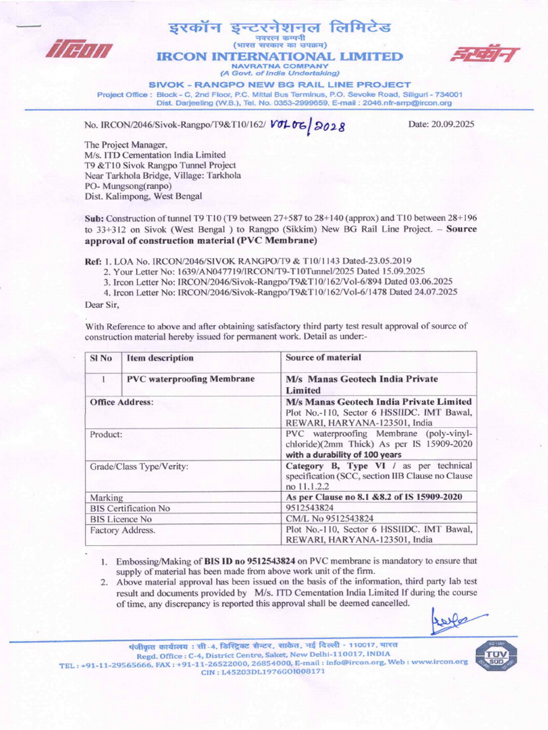 Letter - No Vol - 06 2028 Reg Source Approval of Construction Material ...