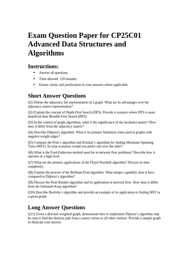 Advanced Data Structures Exam Paper | PDF | Graph Theory ...