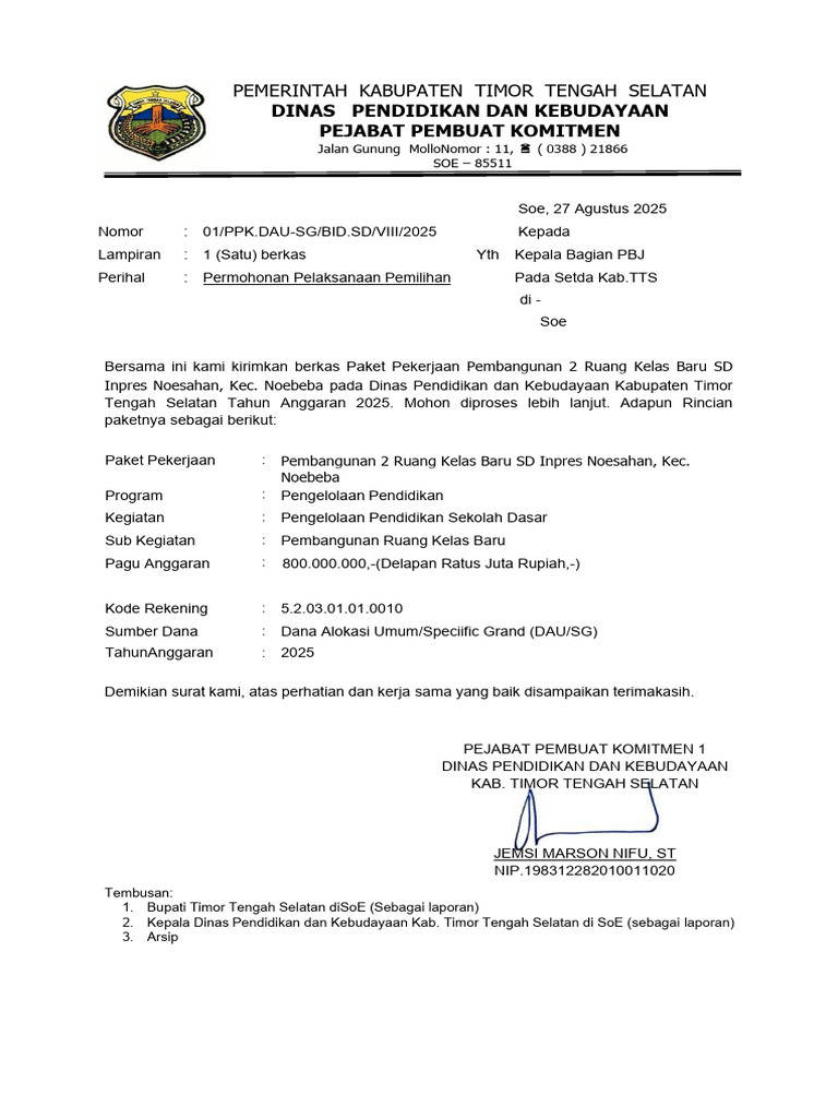 Permohonan Pembangunan Ruang Kelas SD TTS | PDF
