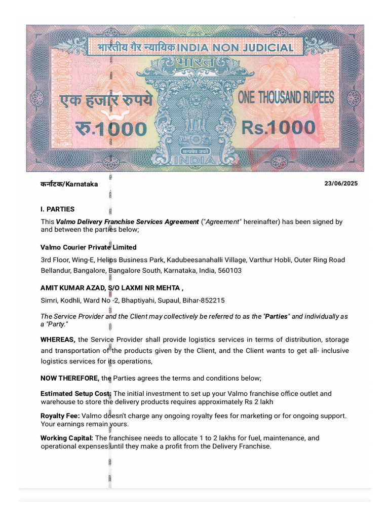 Valmo Delivery Franchise Services Agreement | PDF | Franchising | Logistics