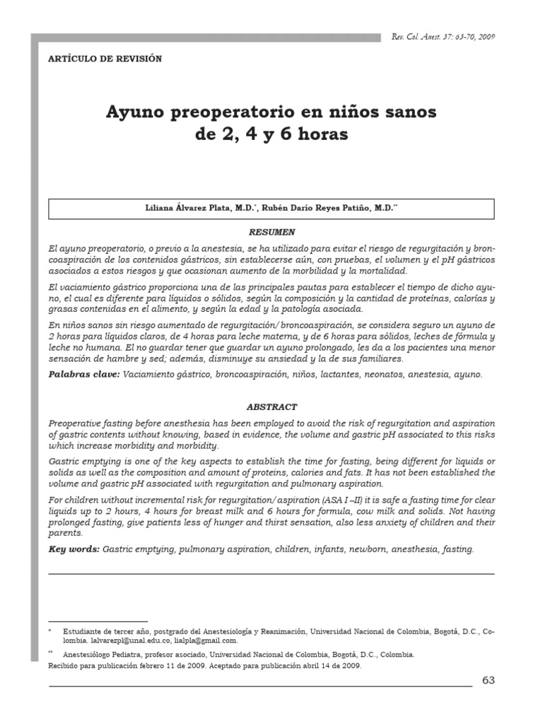 Ayuno Preoperatorio Seguro en Niños | PDF | Estómago | Amamantamiento