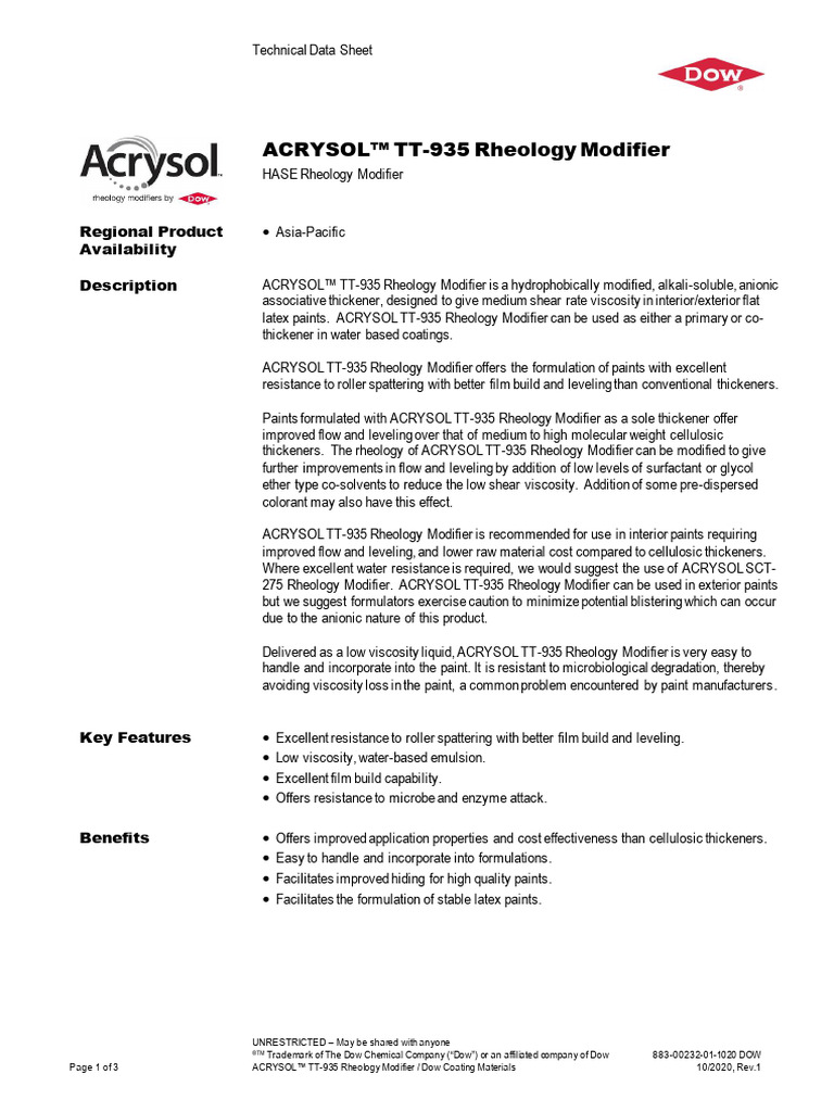 883 00232 01 Acrysol tt935 Rheology Modifier Tds | PDF | Paint | Rheology