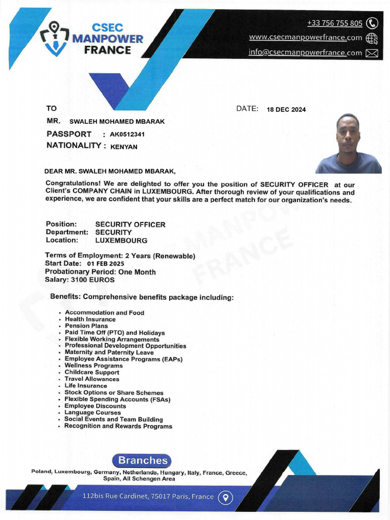 Offer Letter For Swaleh Mohamed Mbarak | PDF