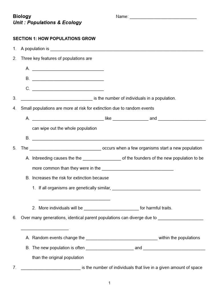 Biol - Unit 10 (Populations & Ecology) - Student Notes 1920 (Short ...