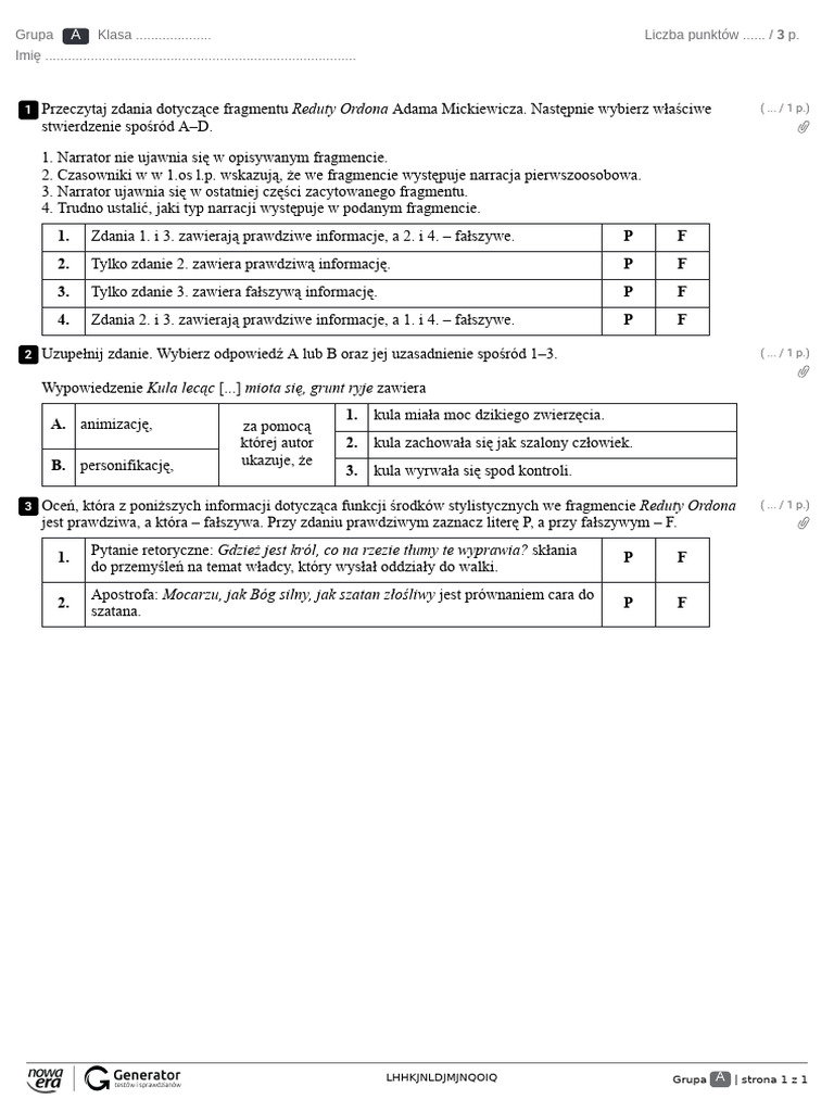 Reduta Ordona Test (Z Widoczną Punktacją) | PDF
