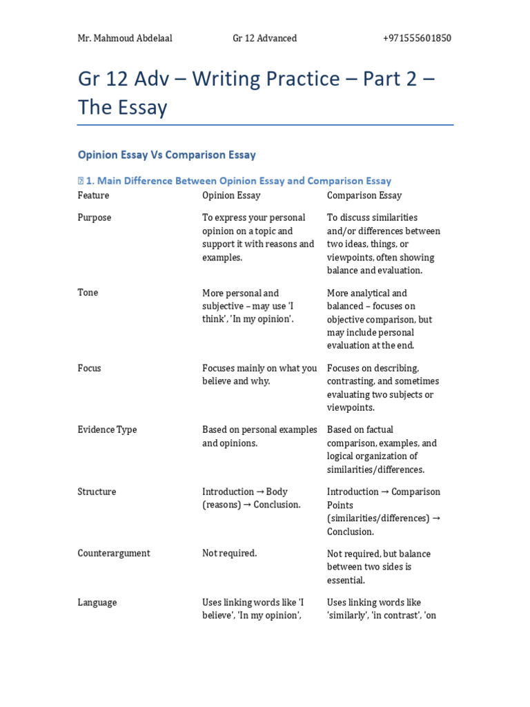 Writing Exam Part 2 Essay Opinion Vs Comparison With Prompts | PDF ...