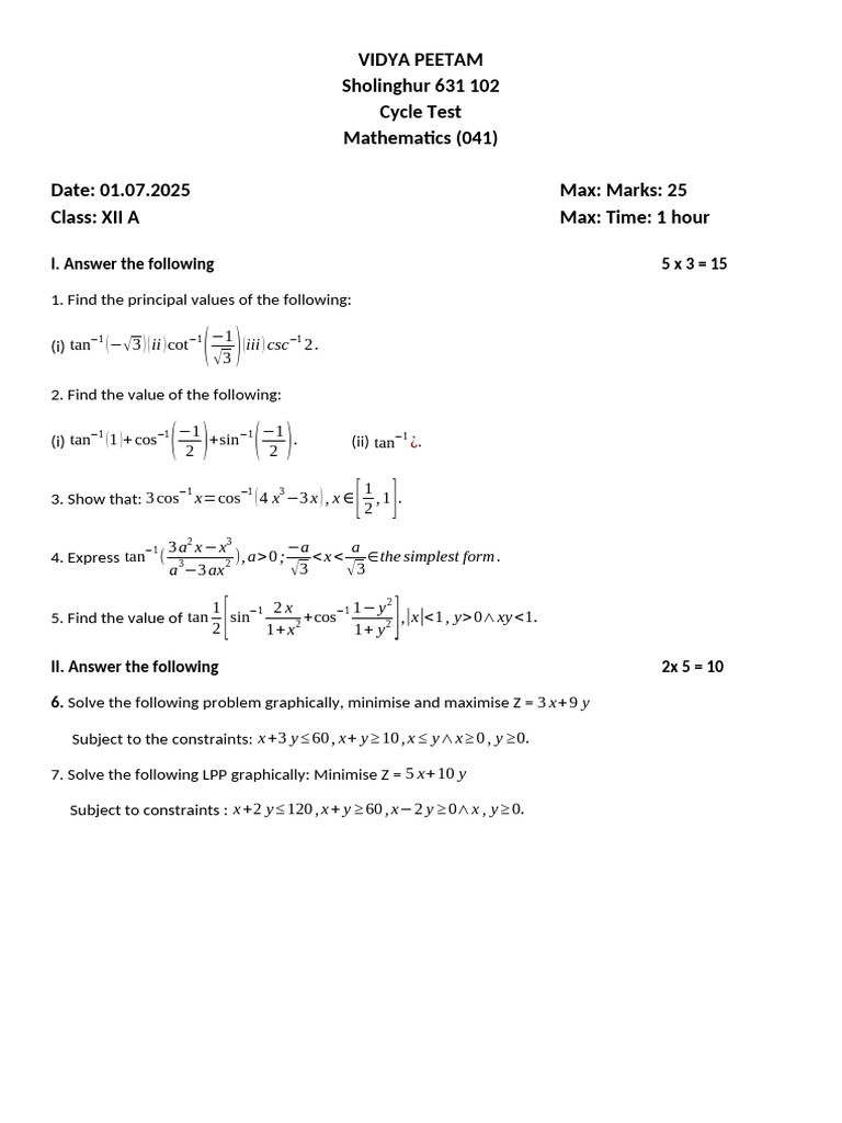 Cycle Test Math 12A | PDF | Chess Theory | Chess
