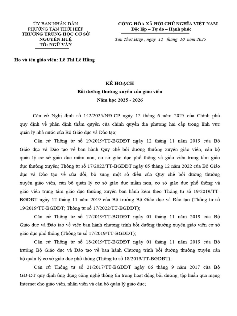 Lệ Hằng - Kế Hoạch Bdtx - Nh 2025 - 2026 | PDF