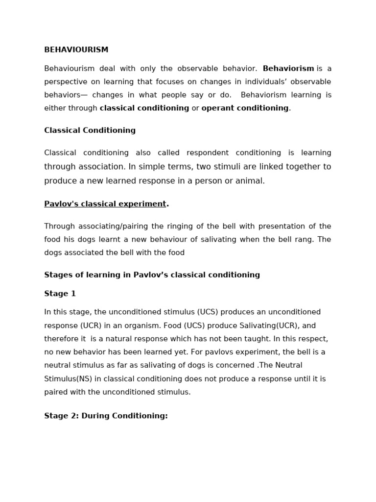 Understanding Behaviorism: Key Concepts | PDF | Classical Conditioning ...