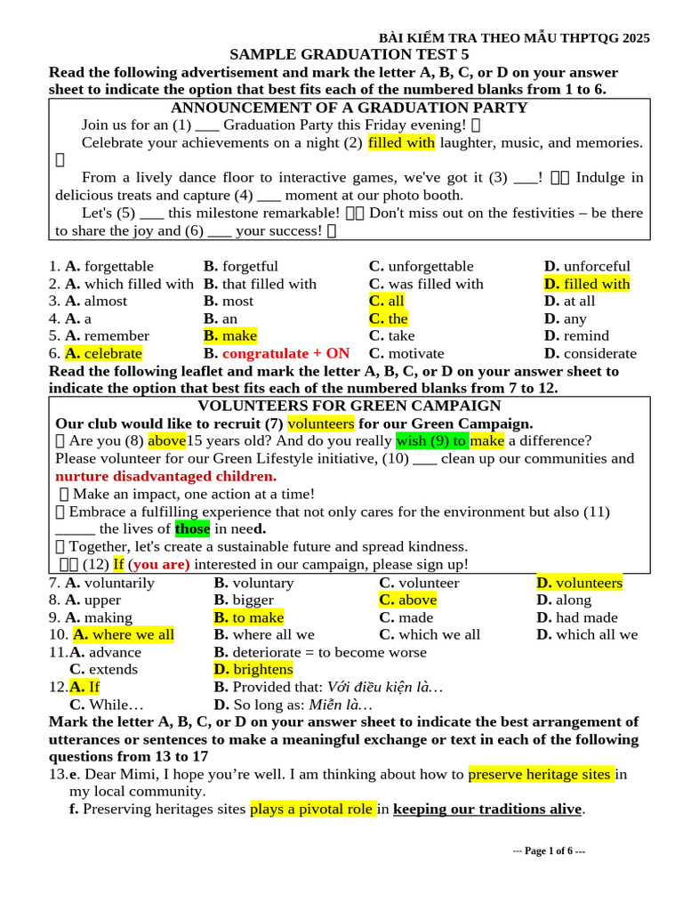 Sample Graduation Test 5 - 2025 Format - NCNL ANH 4 | PDF | Wildfire ...