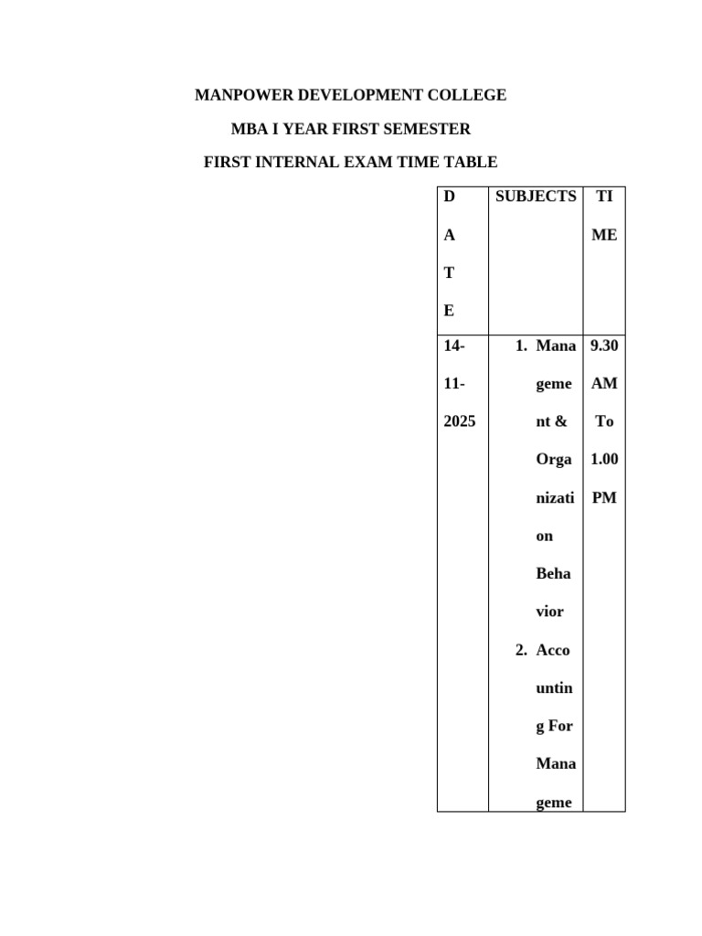 MBA First Semester Exam Timetable | PDF