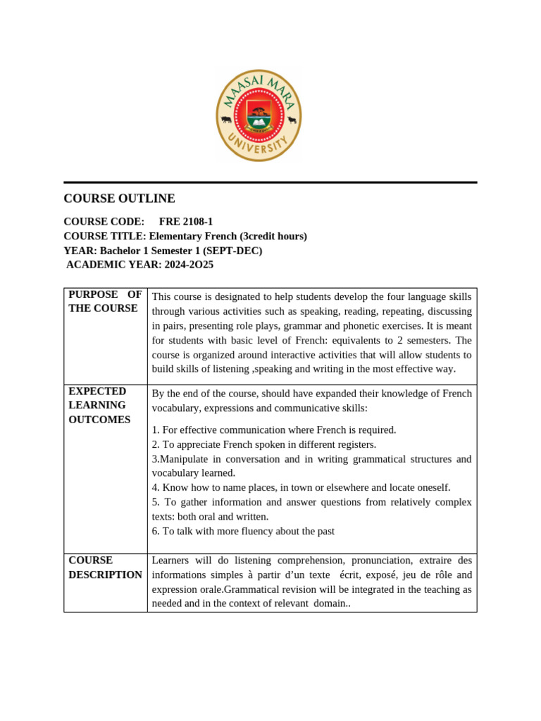 Course Outline Fre 2108-1 Elementary French | PDF | French Language ...