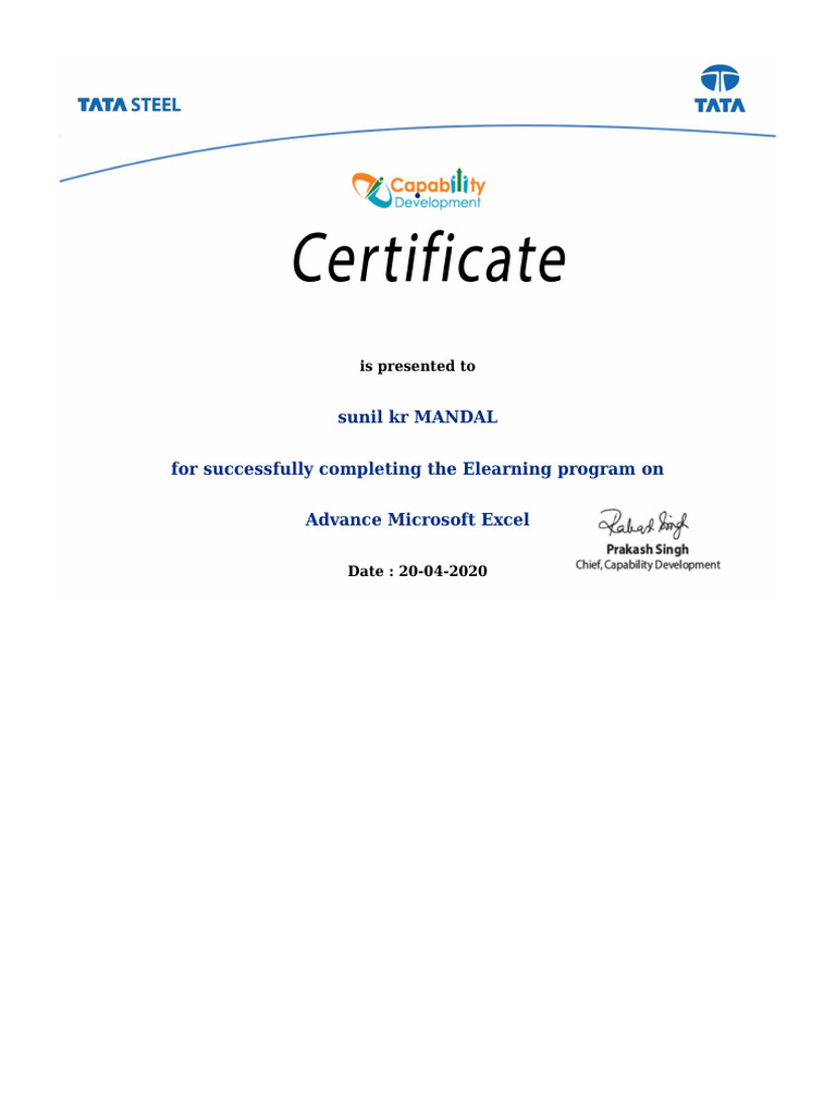 Certificate of Completion: Advanced Excel | PDF