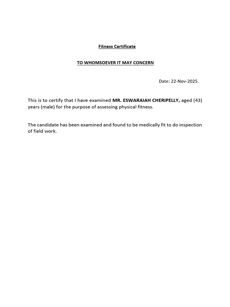 Fitness Certificate for Eswaraiah Cheripelly | PDF