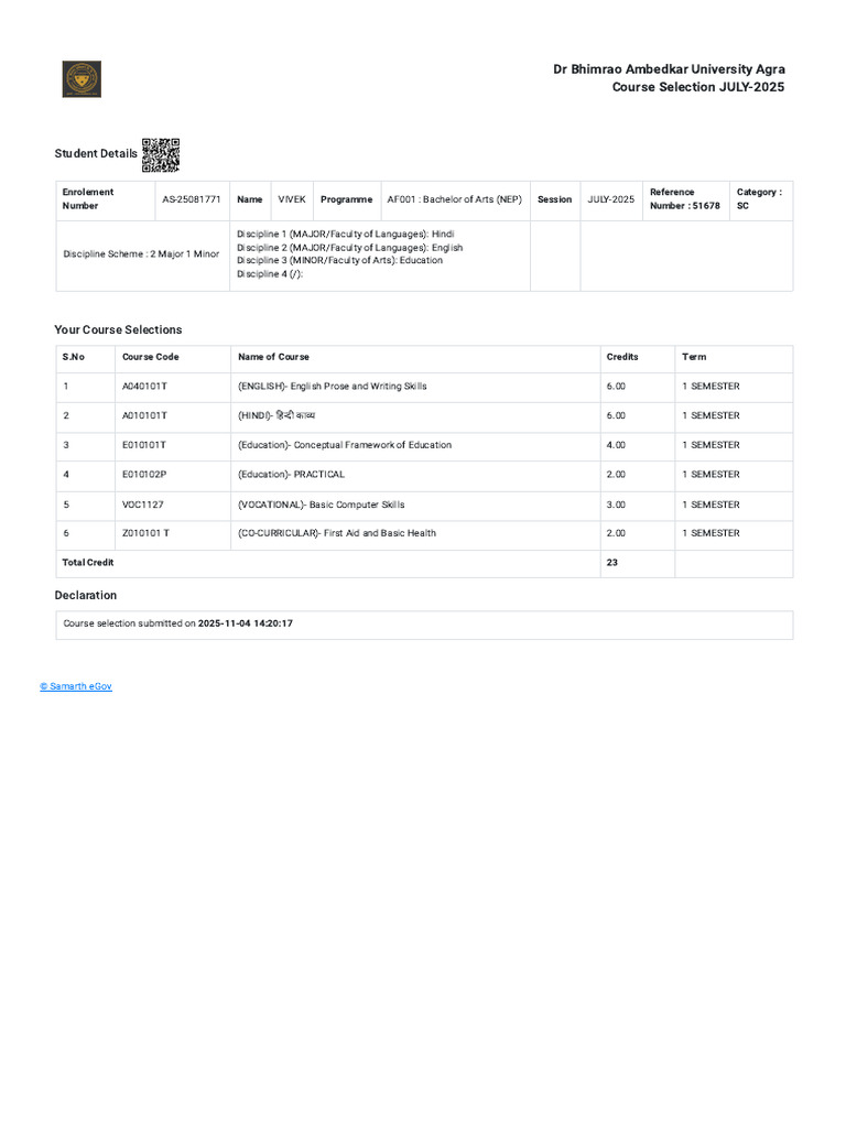 Student Details: Enrolement Number Name Programme Session Reference ...