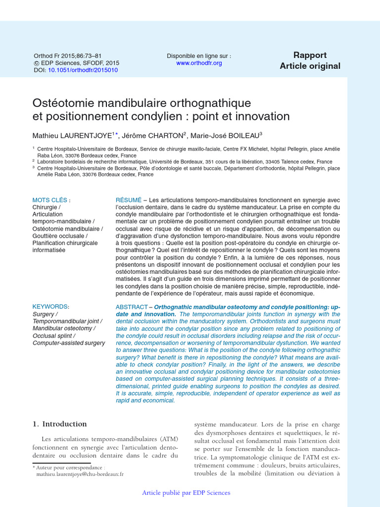 Ostéotomie mandibulaire et position condylienne | PDF | Branches de la ...