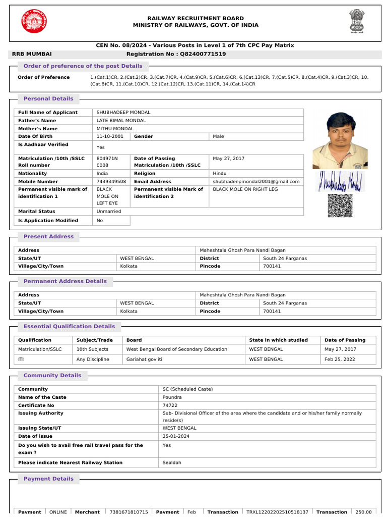 Order of Preference of The Post Details: Railway Recruitment Board ...