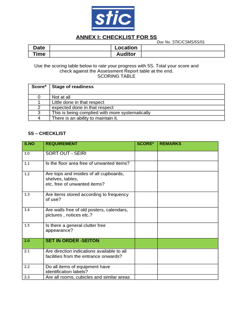 5S Readiness Checklist and Scoring Guide | PDF