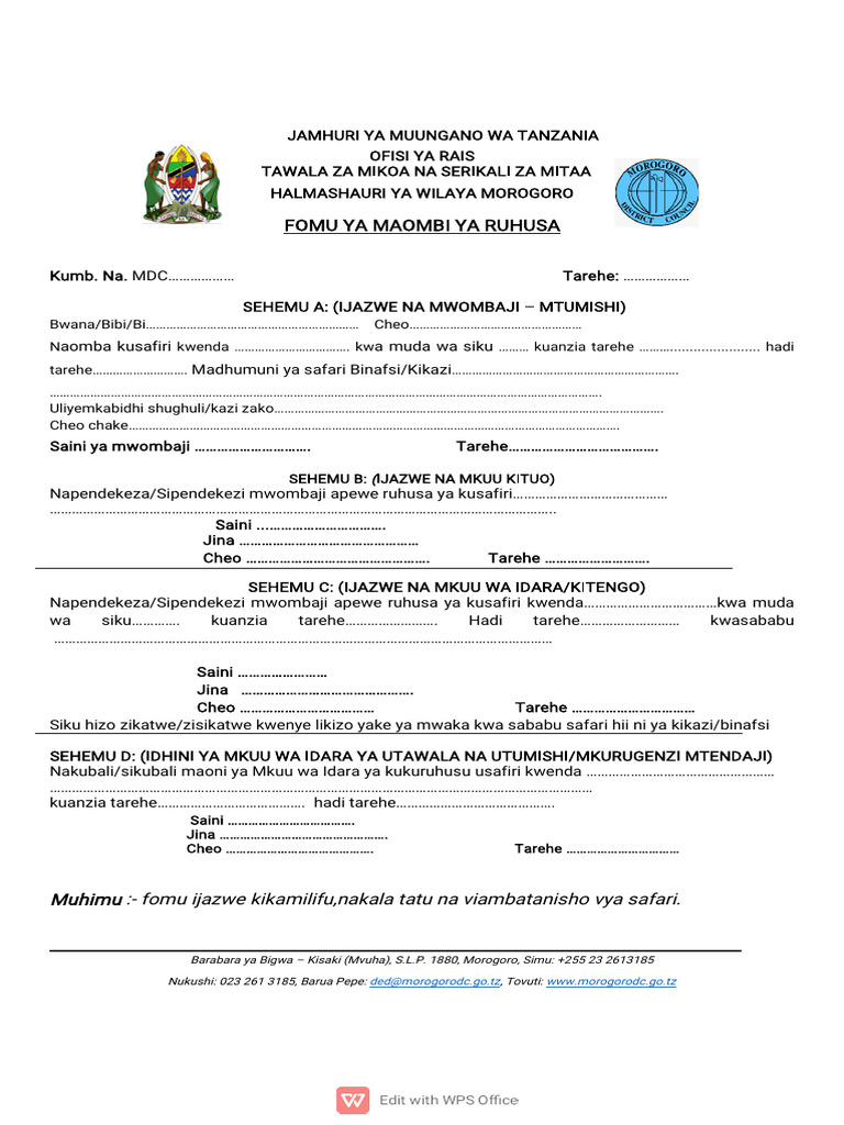 Fomu Ya Likizo Na Ruhusa | PDF