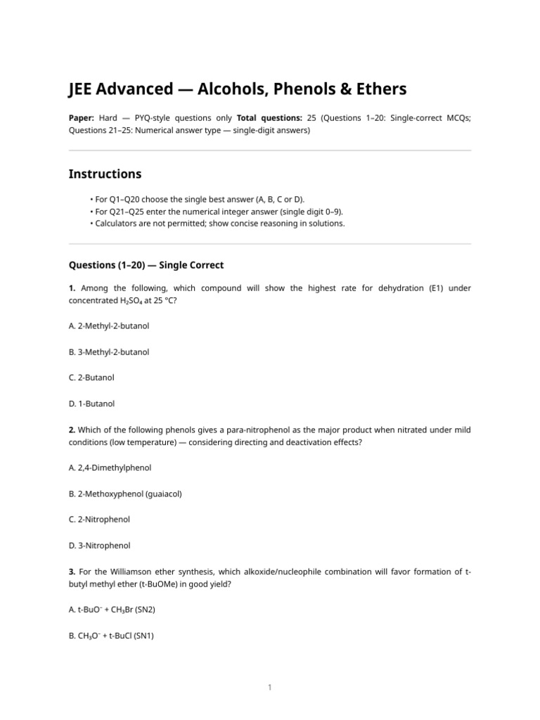 JEE Advanced: Alcohols, Phenols, Ethers Exam | PDF | Ether | Chemical ...