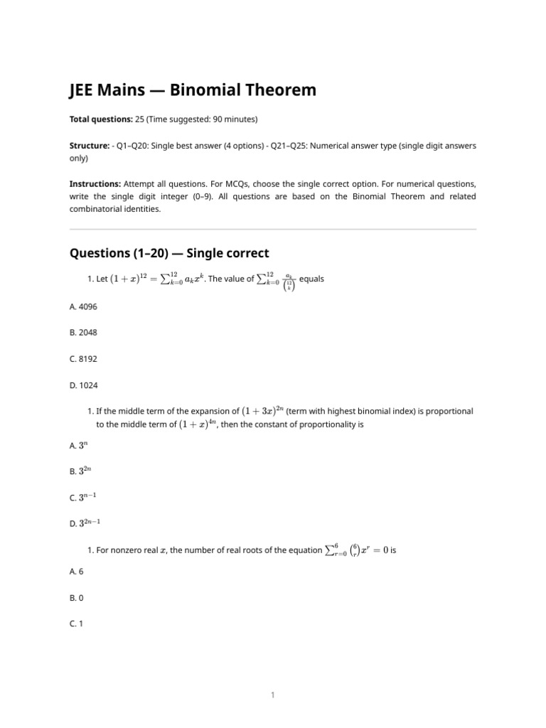 Jee Mains - Binomial Theorem - 25 Hard Questions (Paper + Solutions ...