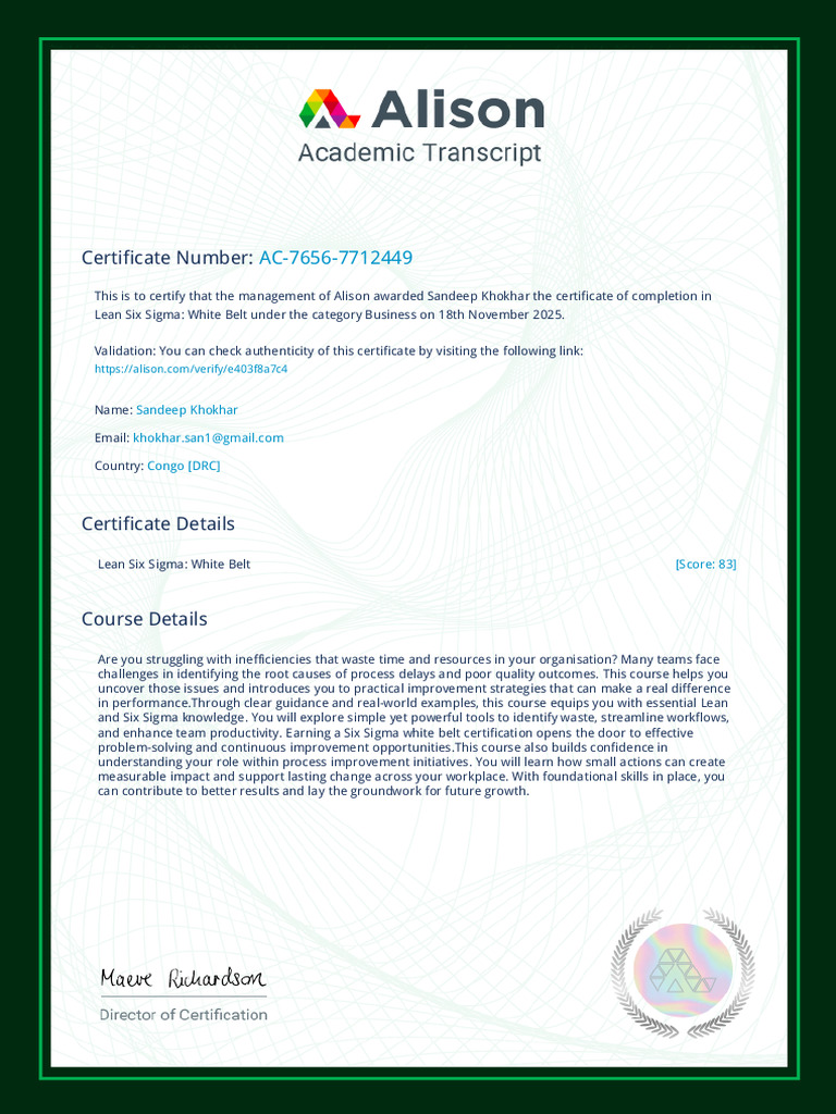 Alison Transcript 7656 7712449 6SIGMA | PDF