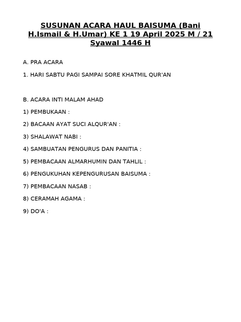 Susunan Acara Haul Baisuma 2025 | PDF