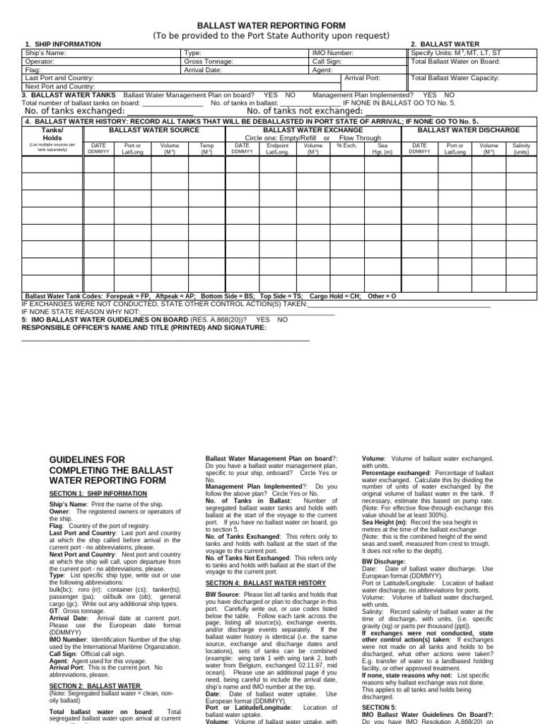 Ballast Water Reporting Form Guide | PDF | Ships | Tonnage
