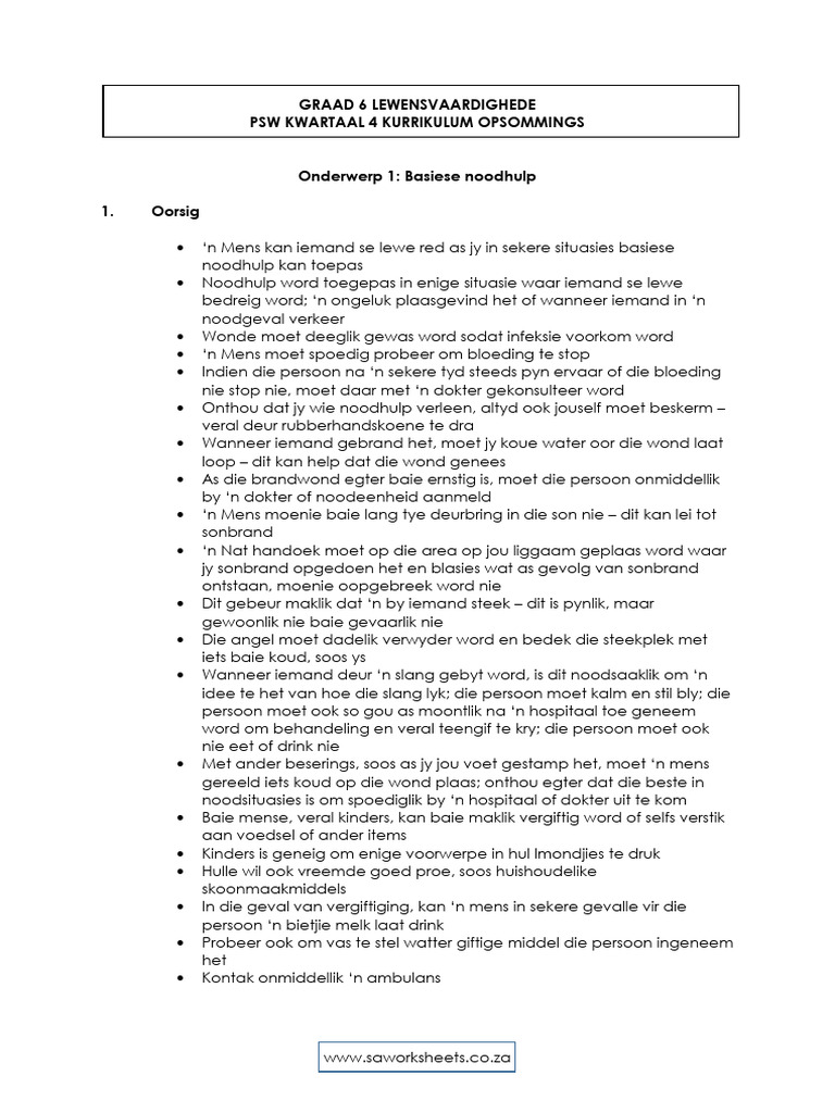 Graad 6 Kwartaal 4 Lewensvaardighede PSW | PDF