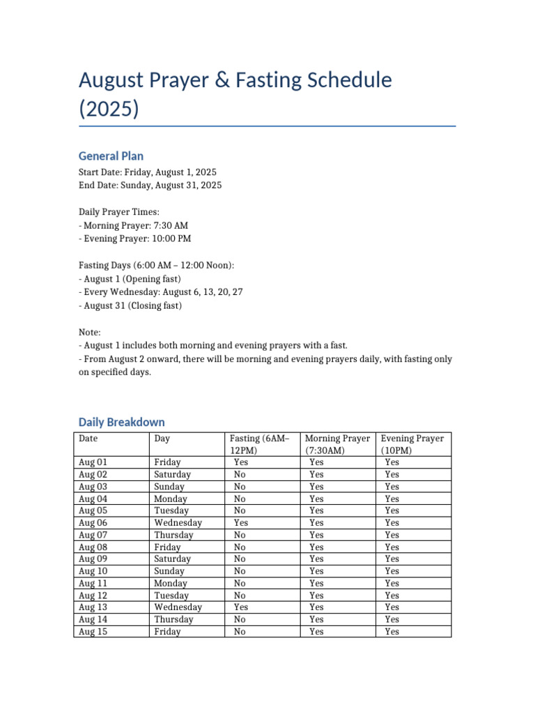 August - Prayer - and - Fasting - Schedule - With - Prayer - Requests ...