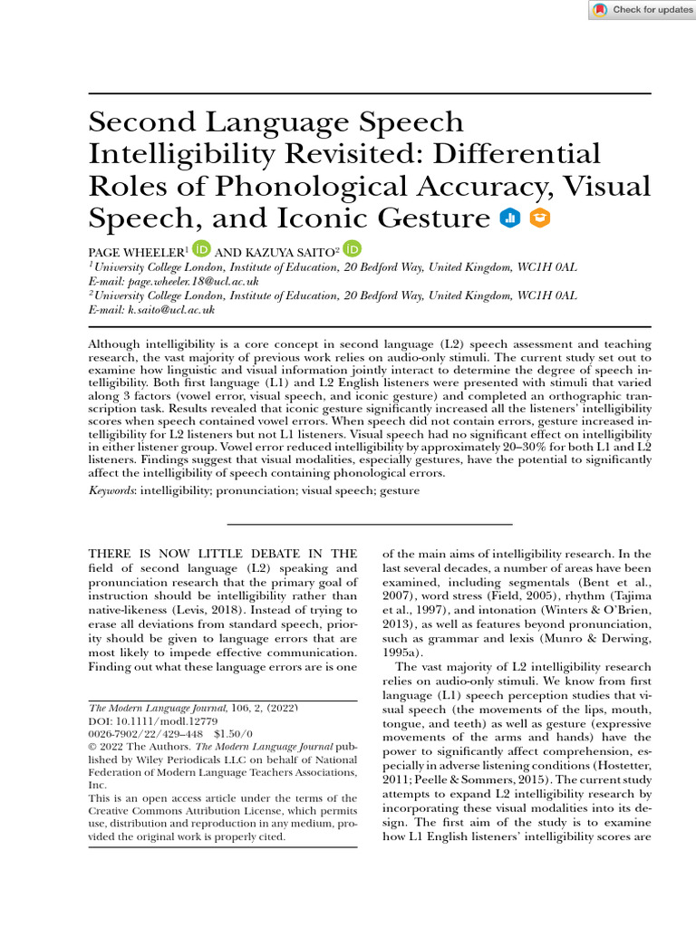The Modern Language Journal - 2022 - WHEELER - Second Language Speech ...
