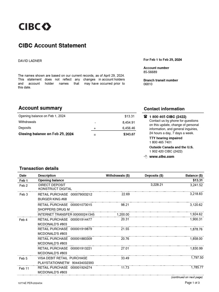 CIBC Feb 2024 Account Statment | PDF | Debit Card | Financial Services