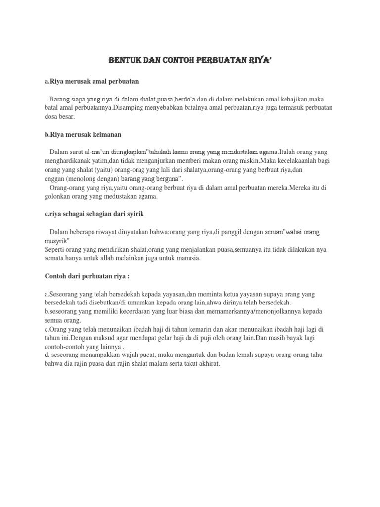 Bentuk Dan Contoh Perbuatan Riya | PDF | Agama & Spiritualitas
