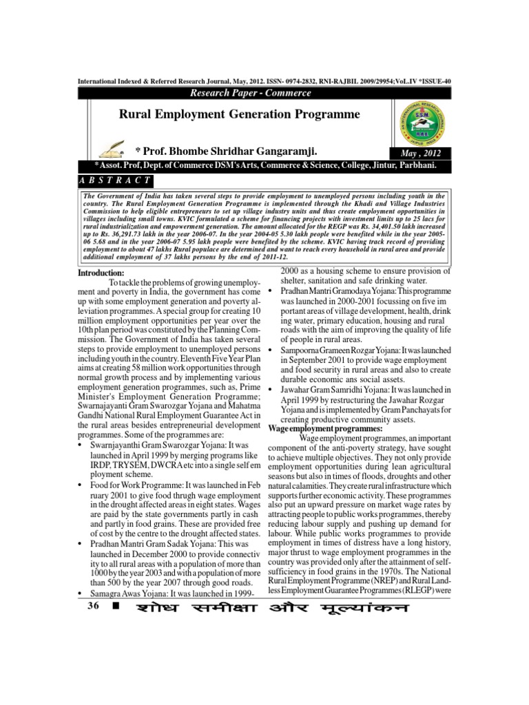 Rural Employment Generation Programme: Prof. Bhombe Shridhar Gangaramji ...
