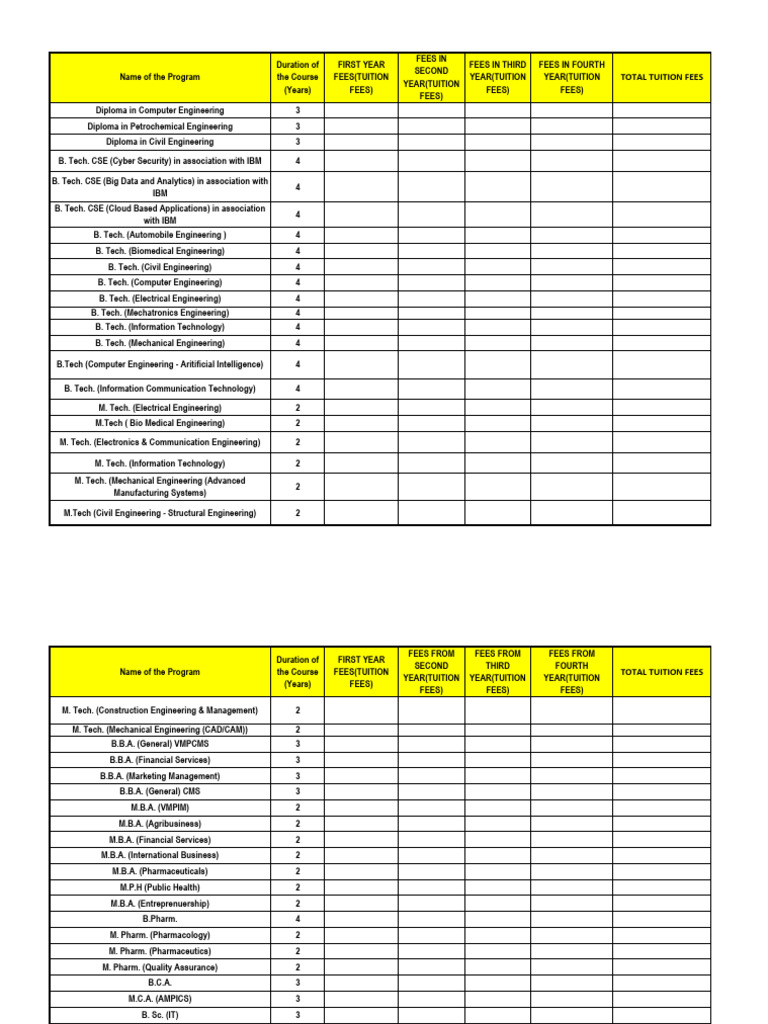 Tuition Fees for Engineering and Management Programs | PDF ...