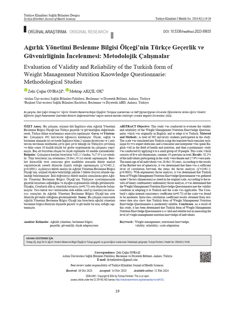 Agirlik Yonetimi Beslenme Bilgisi Olcegi Aybbo 35164 Toad | PDF